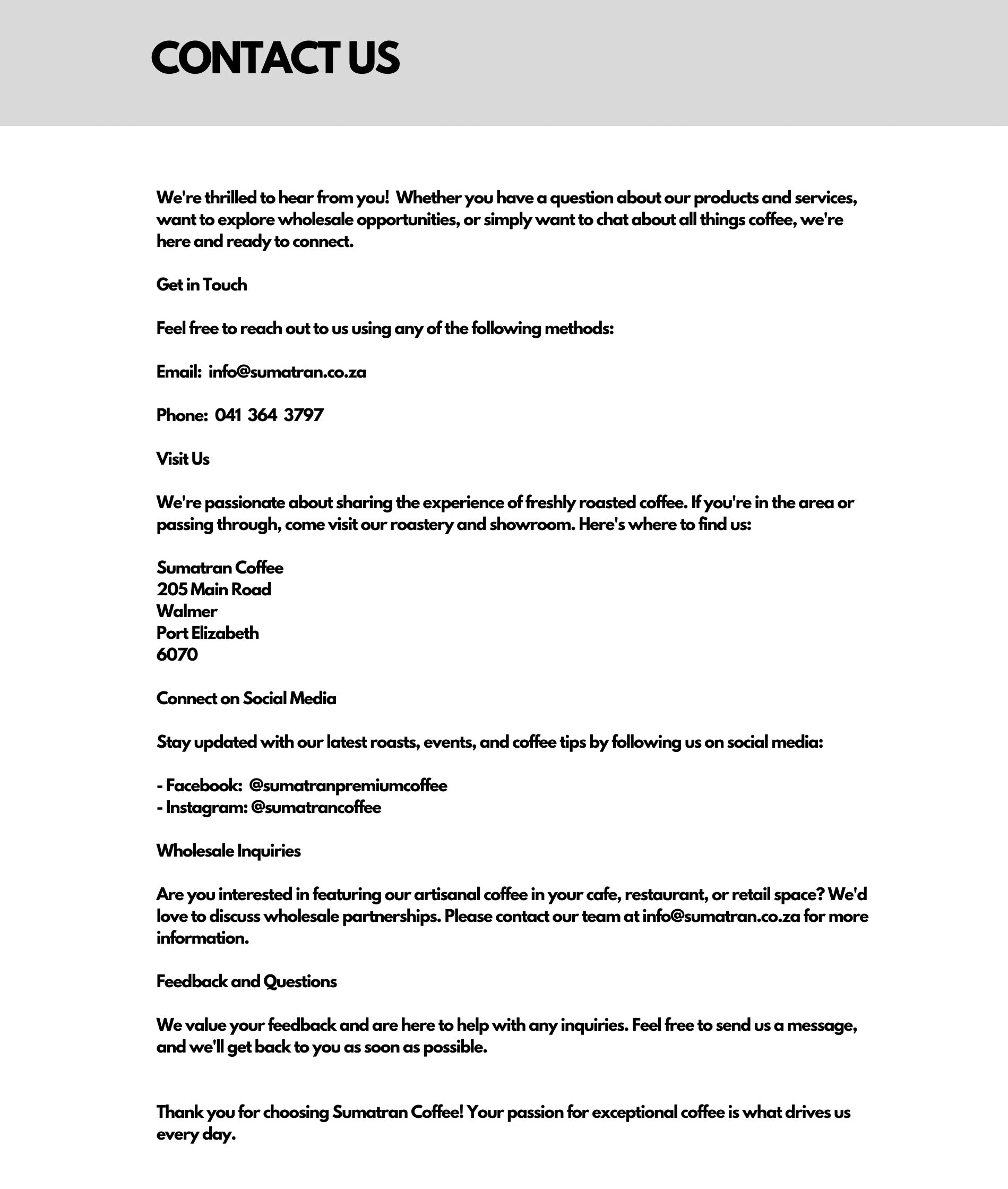 Contact Us – Sumatran Coffee